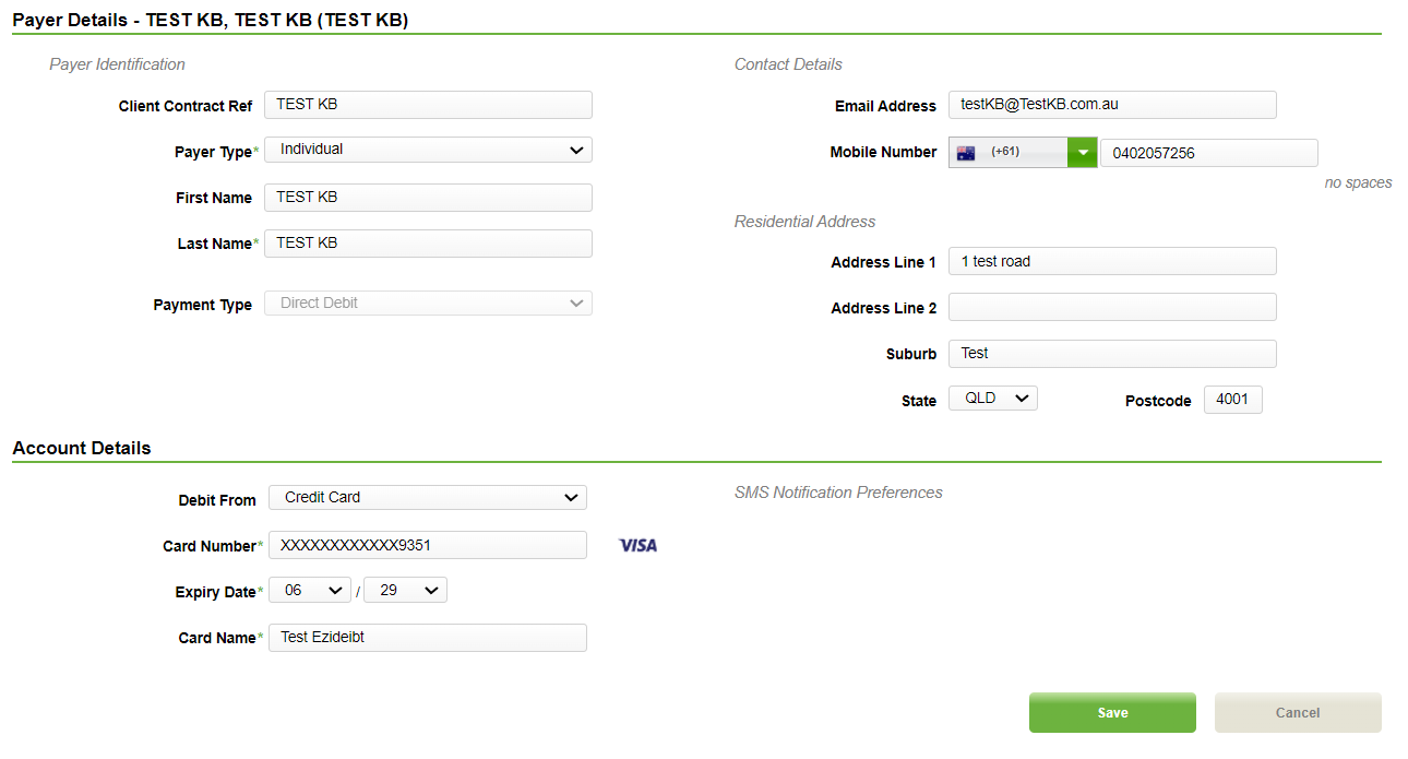 Ezionline - Editing payer details