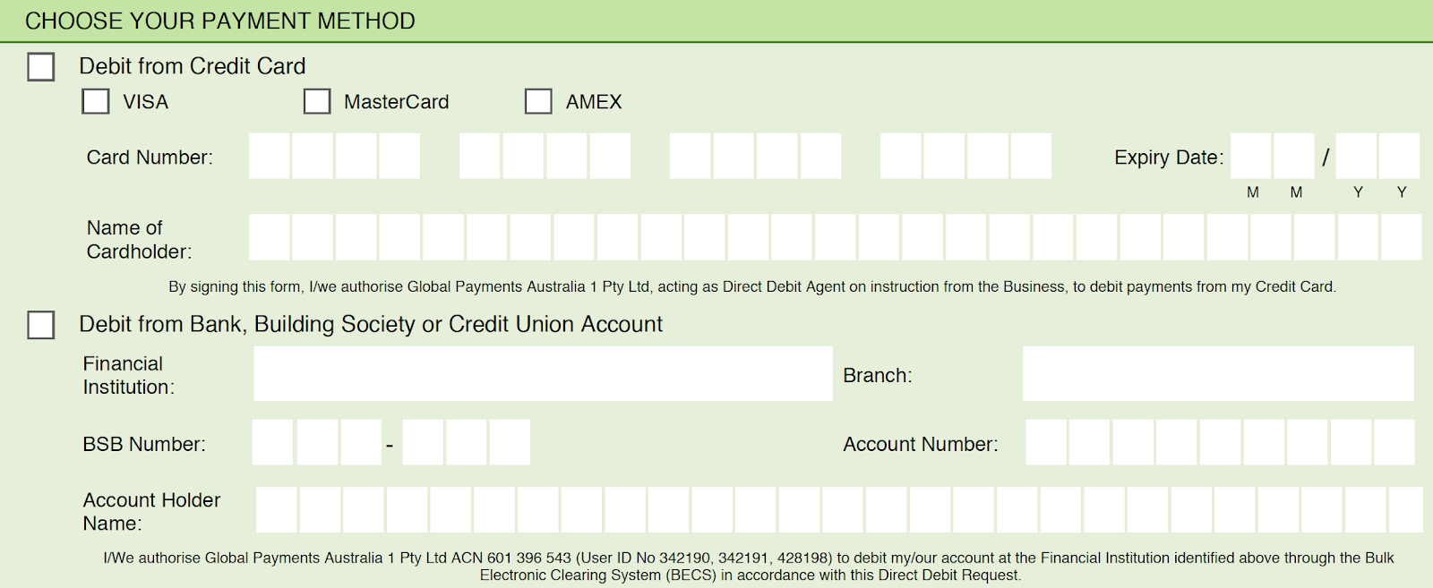 Types of Direct Debit forms